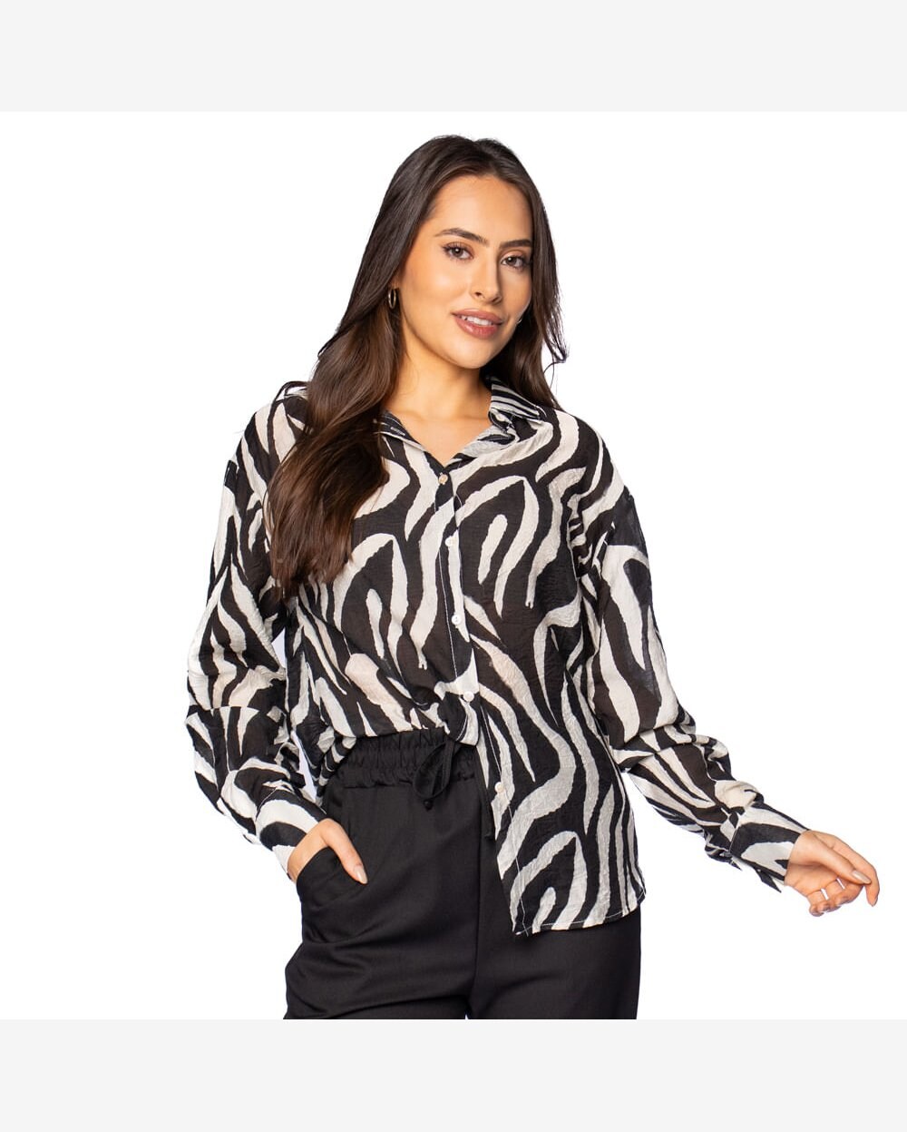 Riachuelo | Camisa Feminina Susan Zheng Animal Print Zebra Preto/branco