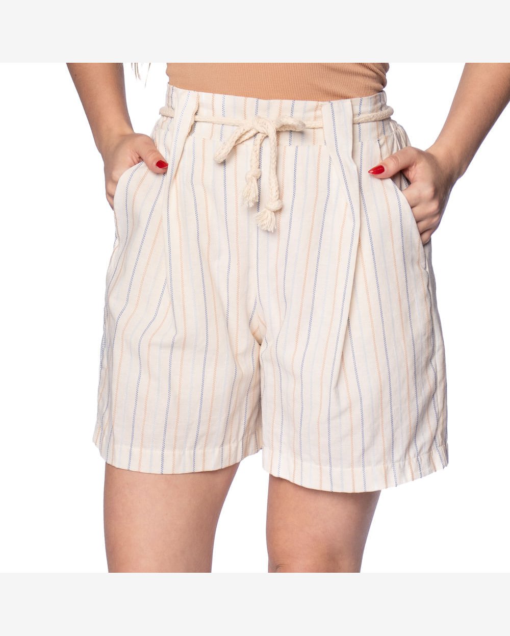 Riachuelo | Short Feminino Giraffe Estampa de Listras e Cordão Off White