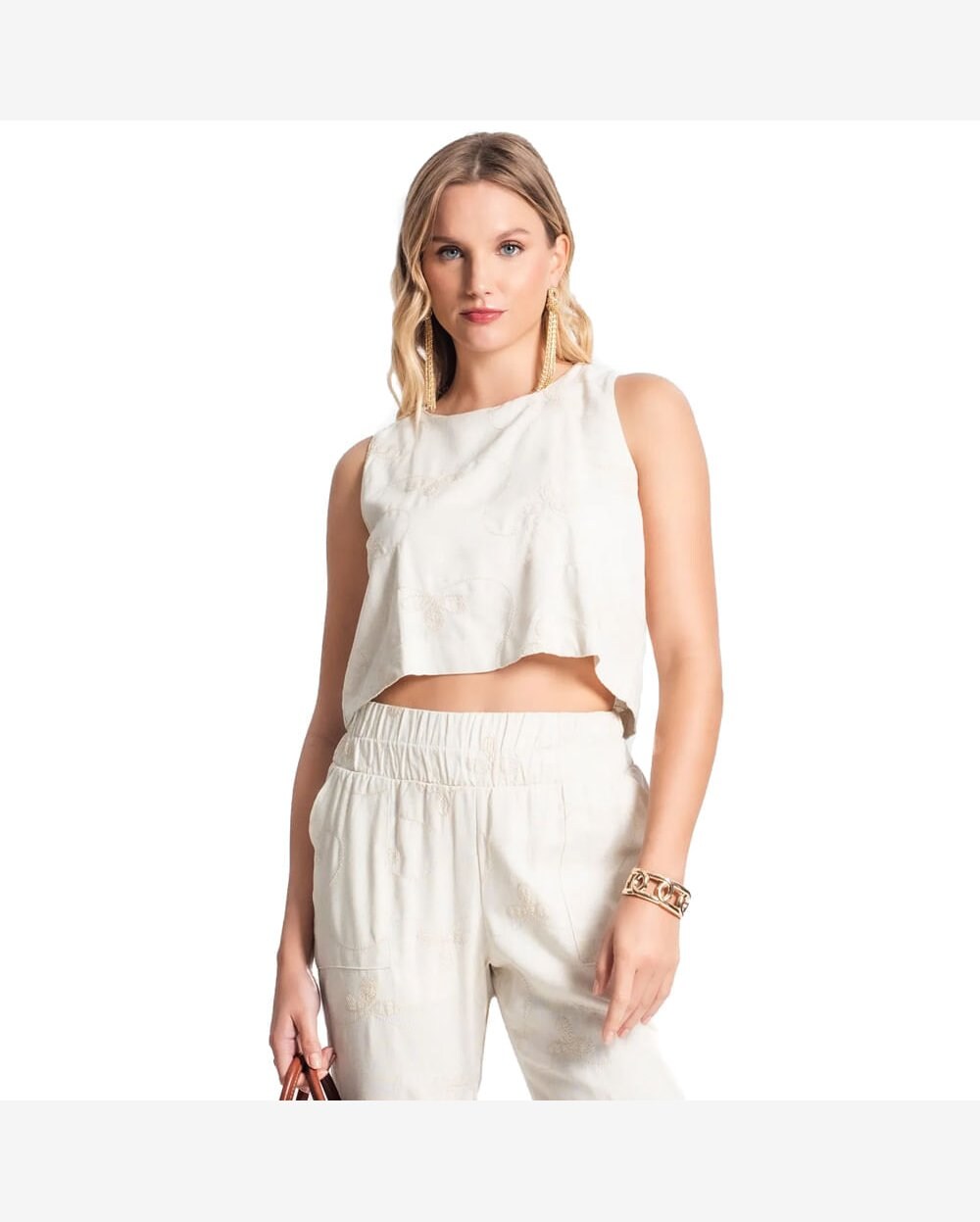 Riachuelo | Regata Cropped Feminina Rovitex Endless Linho Bordado Bege