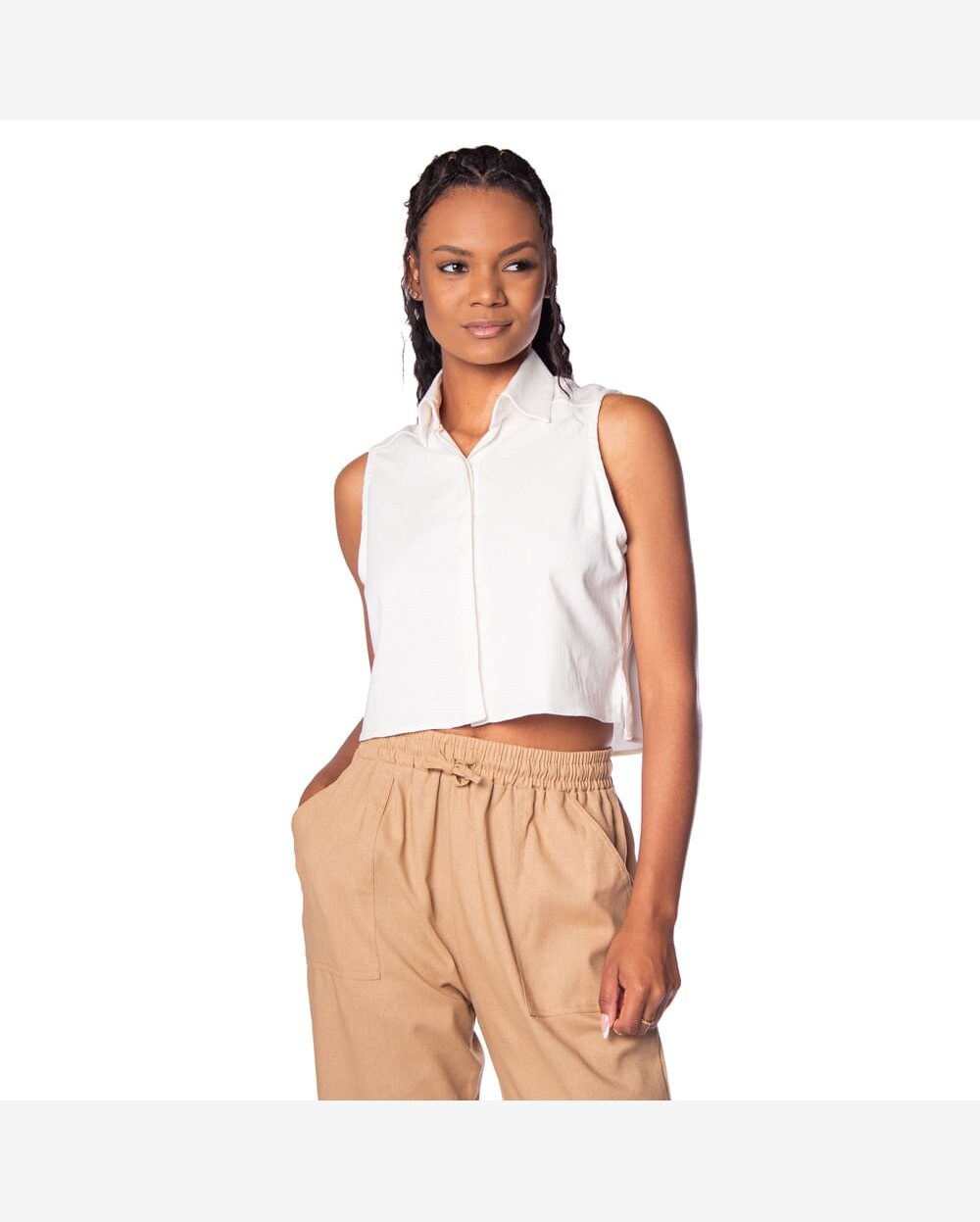Riachuelo | Camisa Cropped Milani Carla Sem Manga Off White