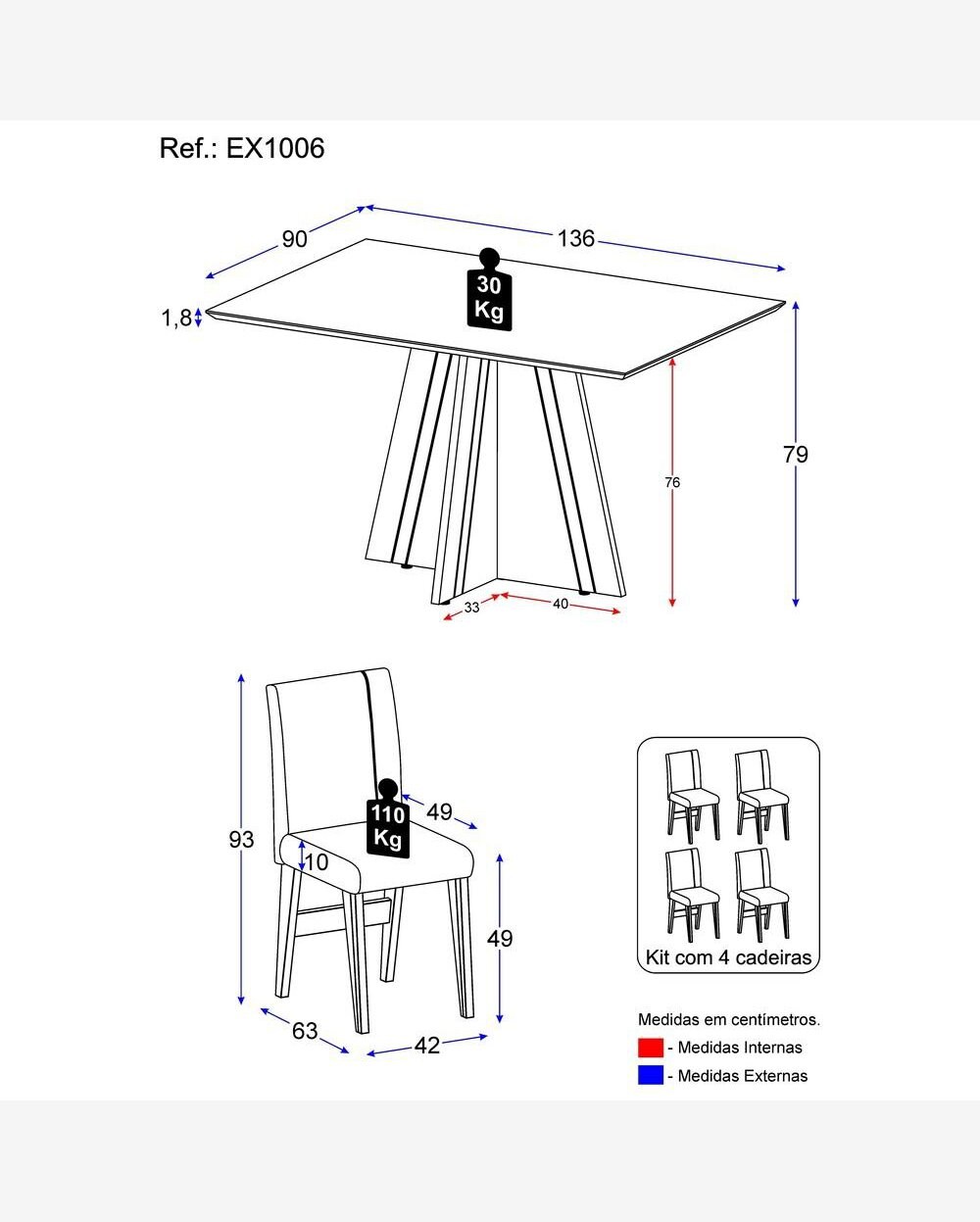 Riachuelo | Conjunto Mesa de Jantar 136 cm com 4 cadeiras Denver ...