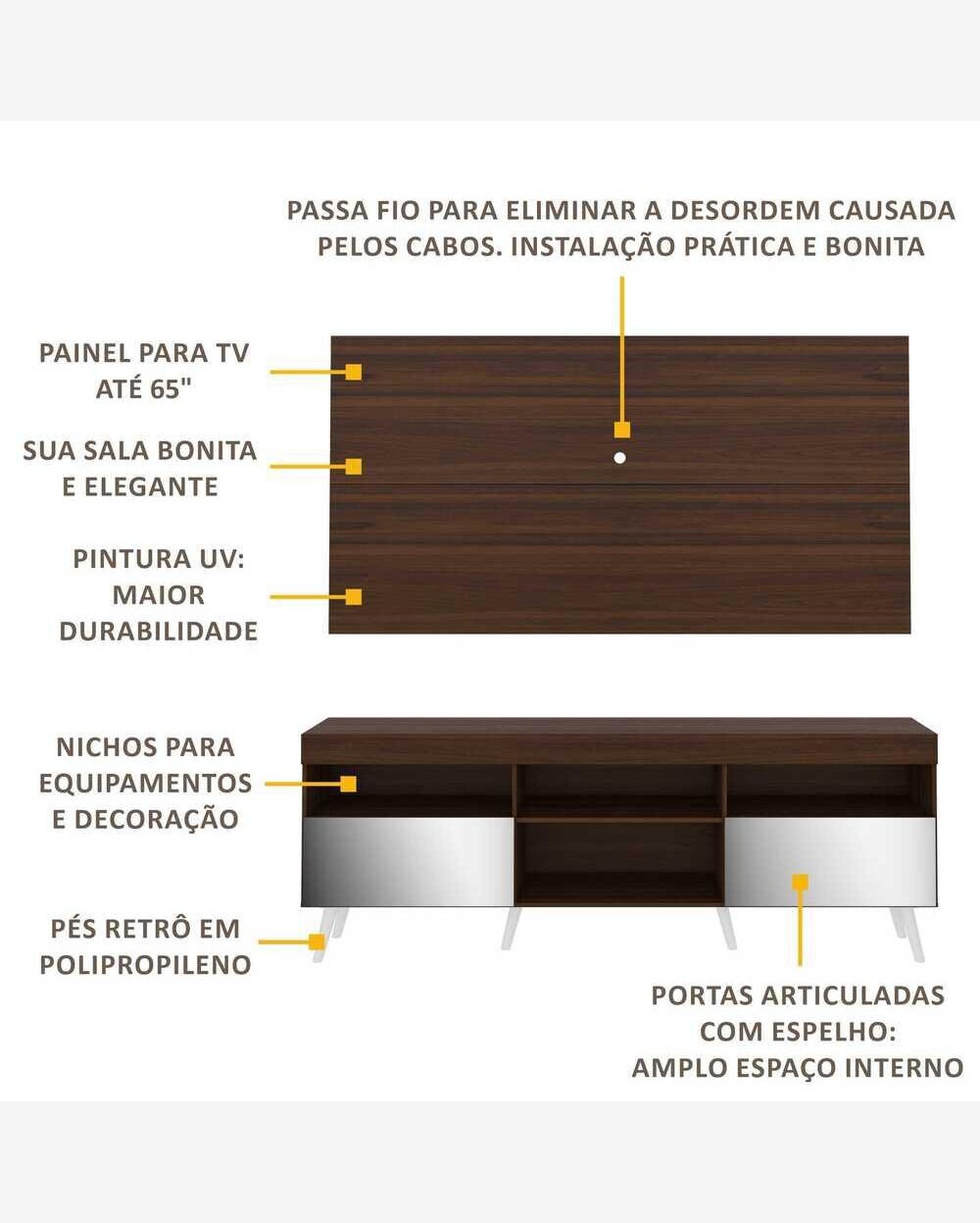 Riachuelo | Rack c/ Painel P/TV 65", espelho e pés retrô Flórida ...