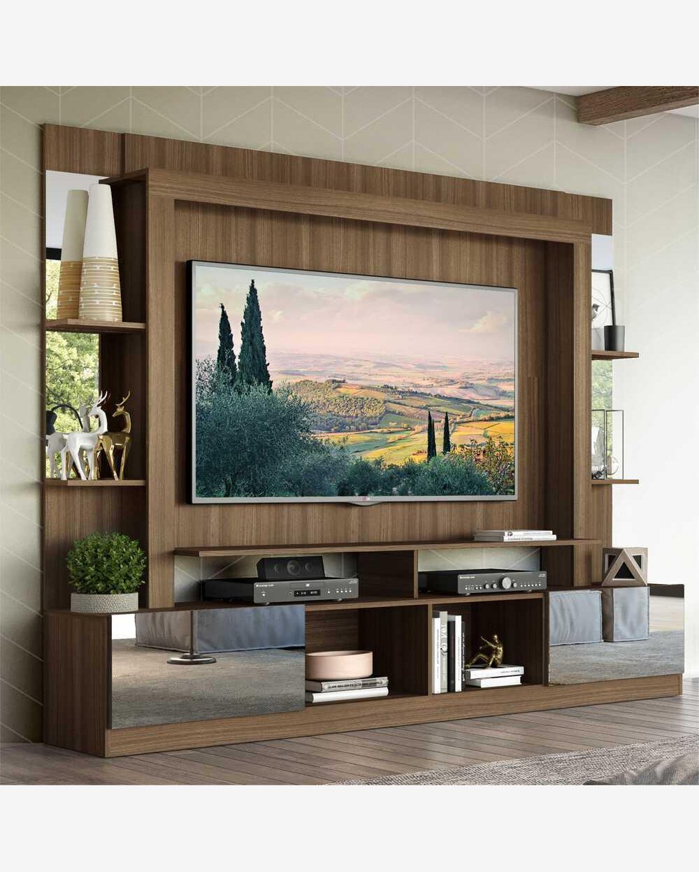 Riachuelo | Rack Estante com Suporte TV 65" e Espelho Oslo Multimóveis Madeirado