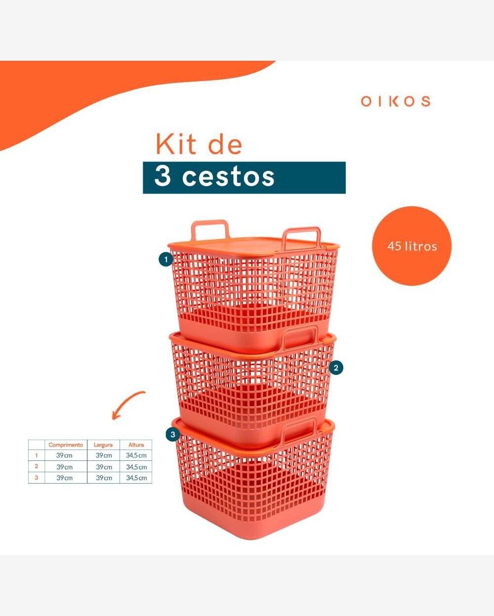 Riachuelo | Kit 3 Cestos Telados de Plástico de 45l Terracota – Oikos