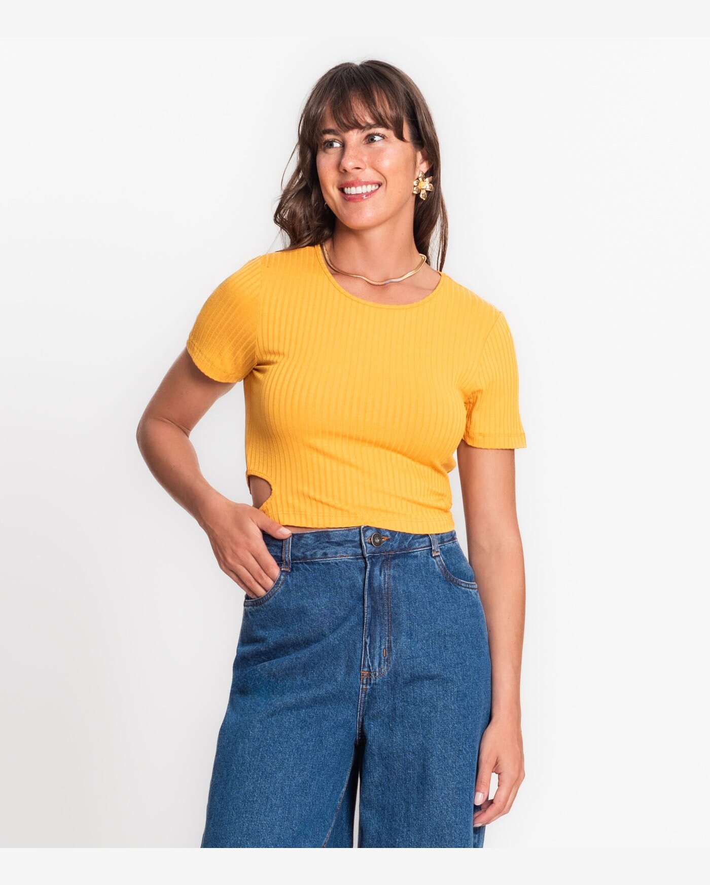 Riachuelo | Blusa Decote Redondo Em Ribana Canelada Rovitex Amarelo