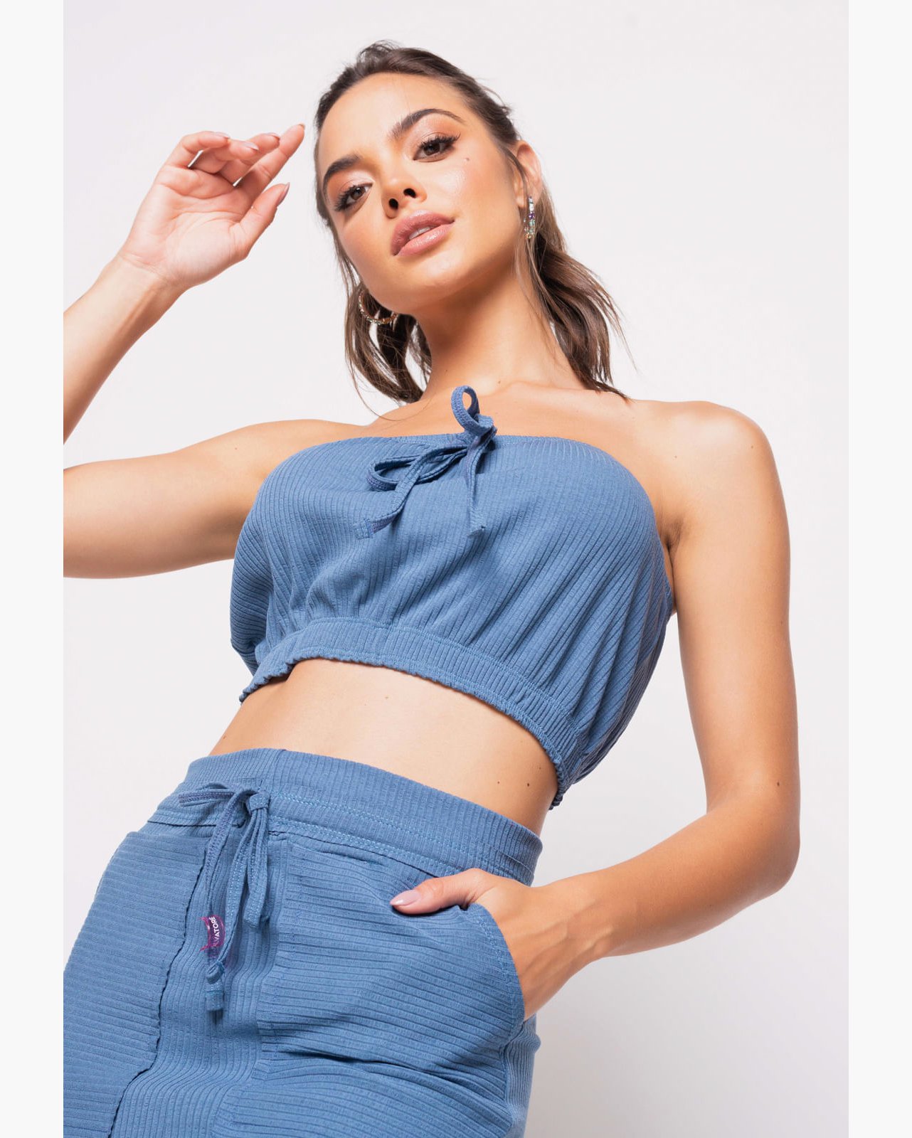 Riachuelo | Cropped Tomara Que Caia Malha Canelada Azul Salvatore Fashion