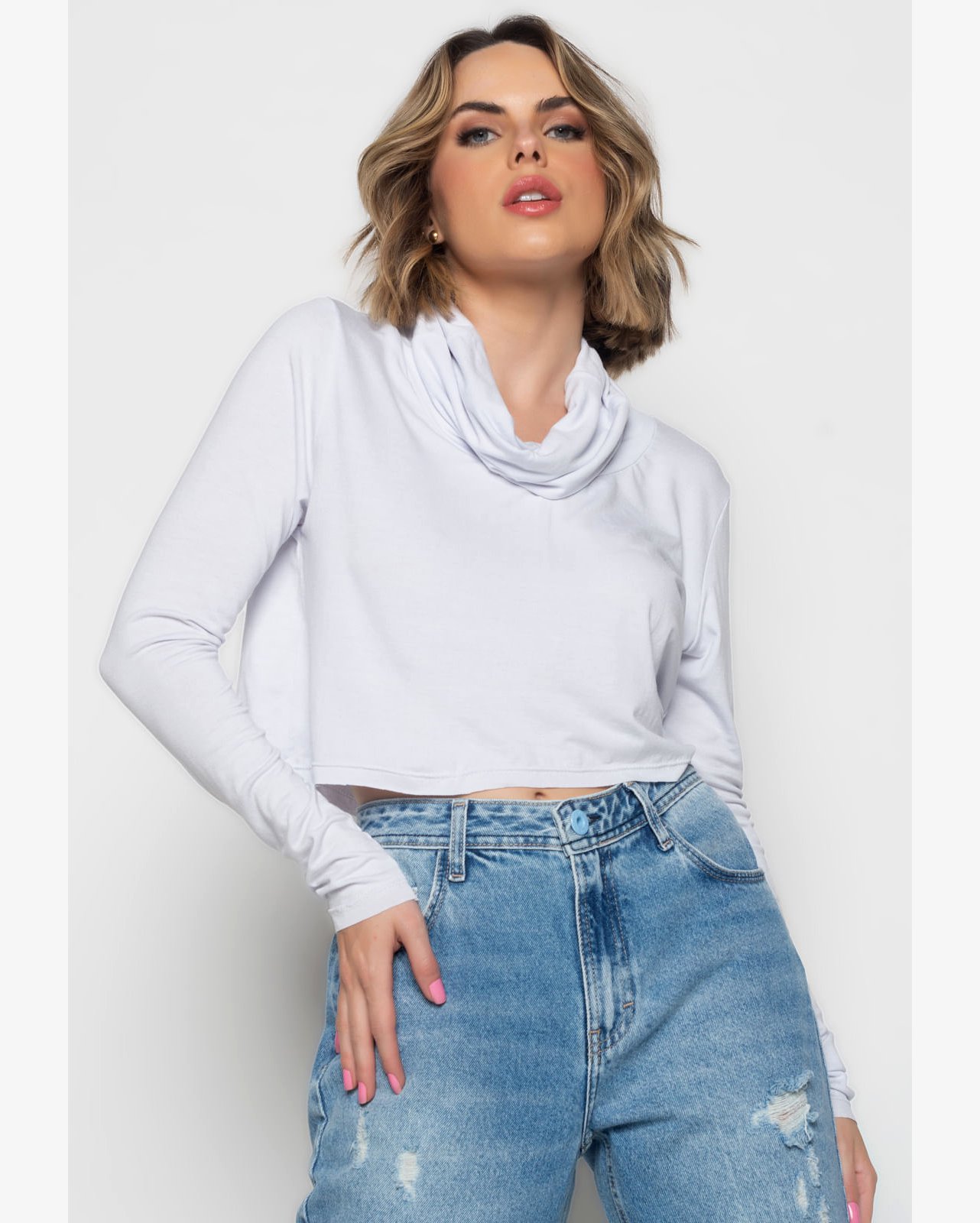 Riachuelo | Cropped Golão Manga Longa Malha Branco Salvatore Fashion