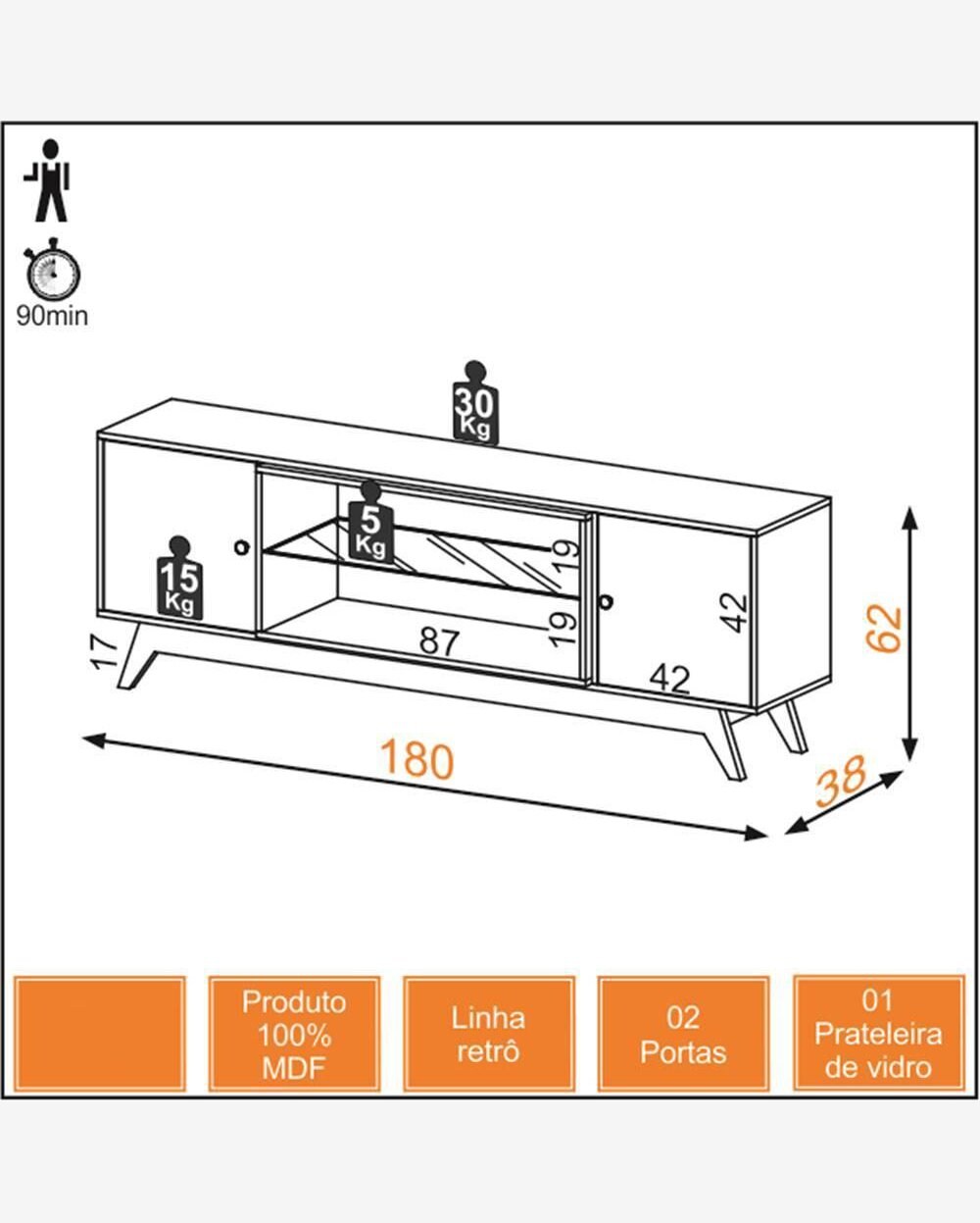 Riachuelo | Rack Retro Viena 1,80 MT cor Off White com Freijo - 51853