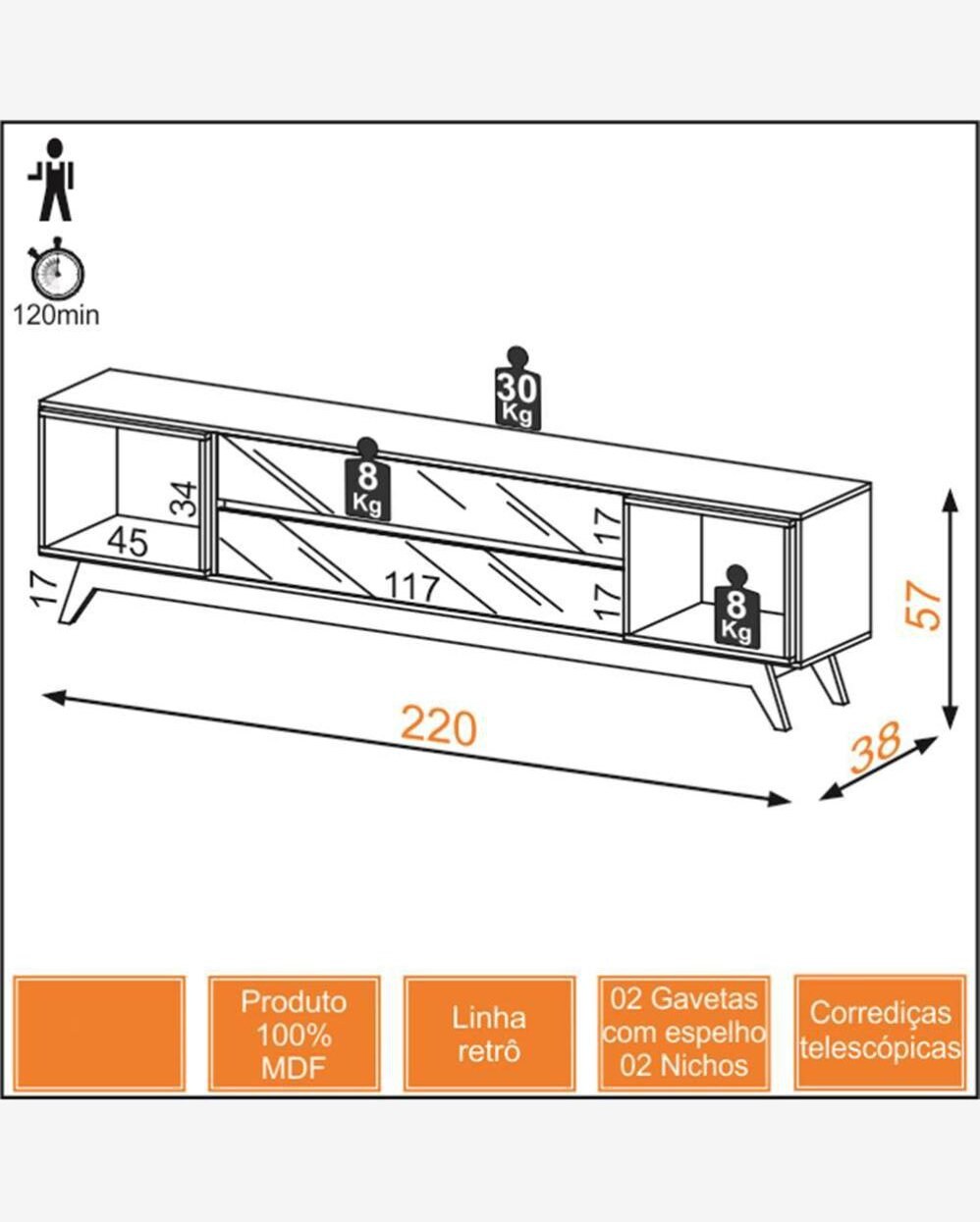 Riachuelo | Rack Retro Viena 2,20 MT cor Off White com Freijo - 51856