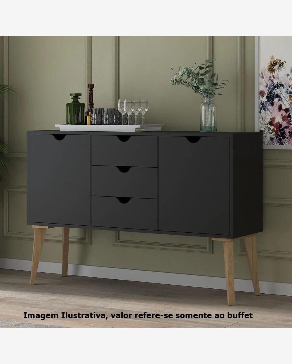 Riachuelo | Buffet Estevan com 2 Portas e 3 Gavetas na Cor Preta 88 cm ...