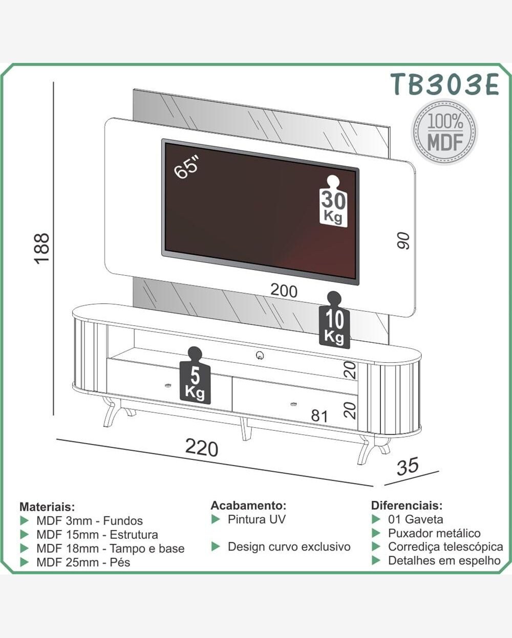 Riachuelo | Rack com Painel Espelhado Curve TB303E cor Off White com ...