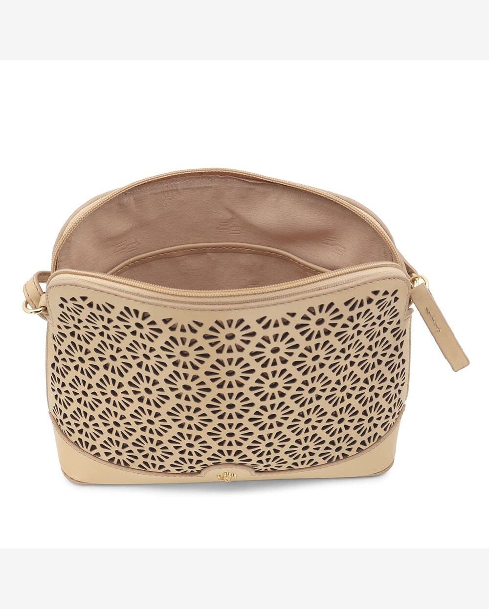 Riachuelo | Bolsa Tiracolo Couro Marrom Detalhe Laser Floral