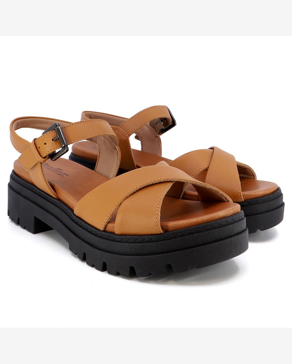 Riachuelo | Sandália Plataforma Couro Marrom Tira Cruzada