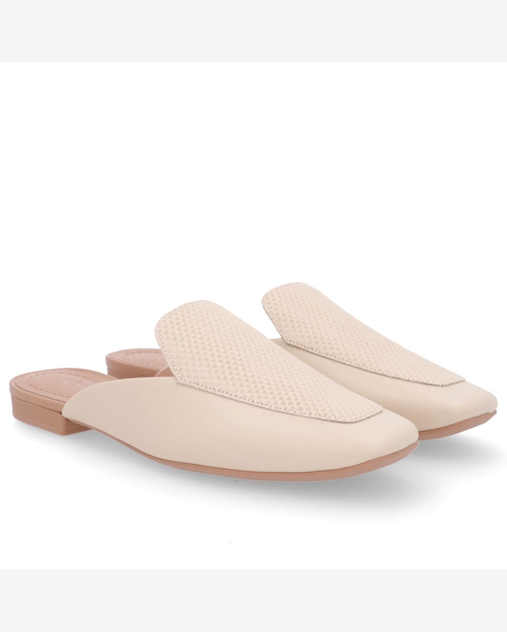 Riachuelo | Mule Bege Bico Quadrado Couro Salto Bloco