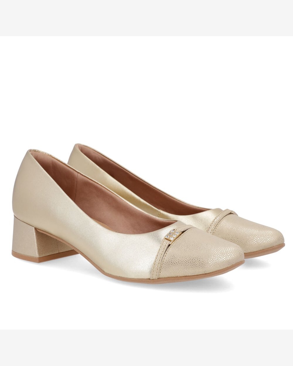 Riachuelo | Scarpin Couro Dourado Salto Bloco Bico Redondo