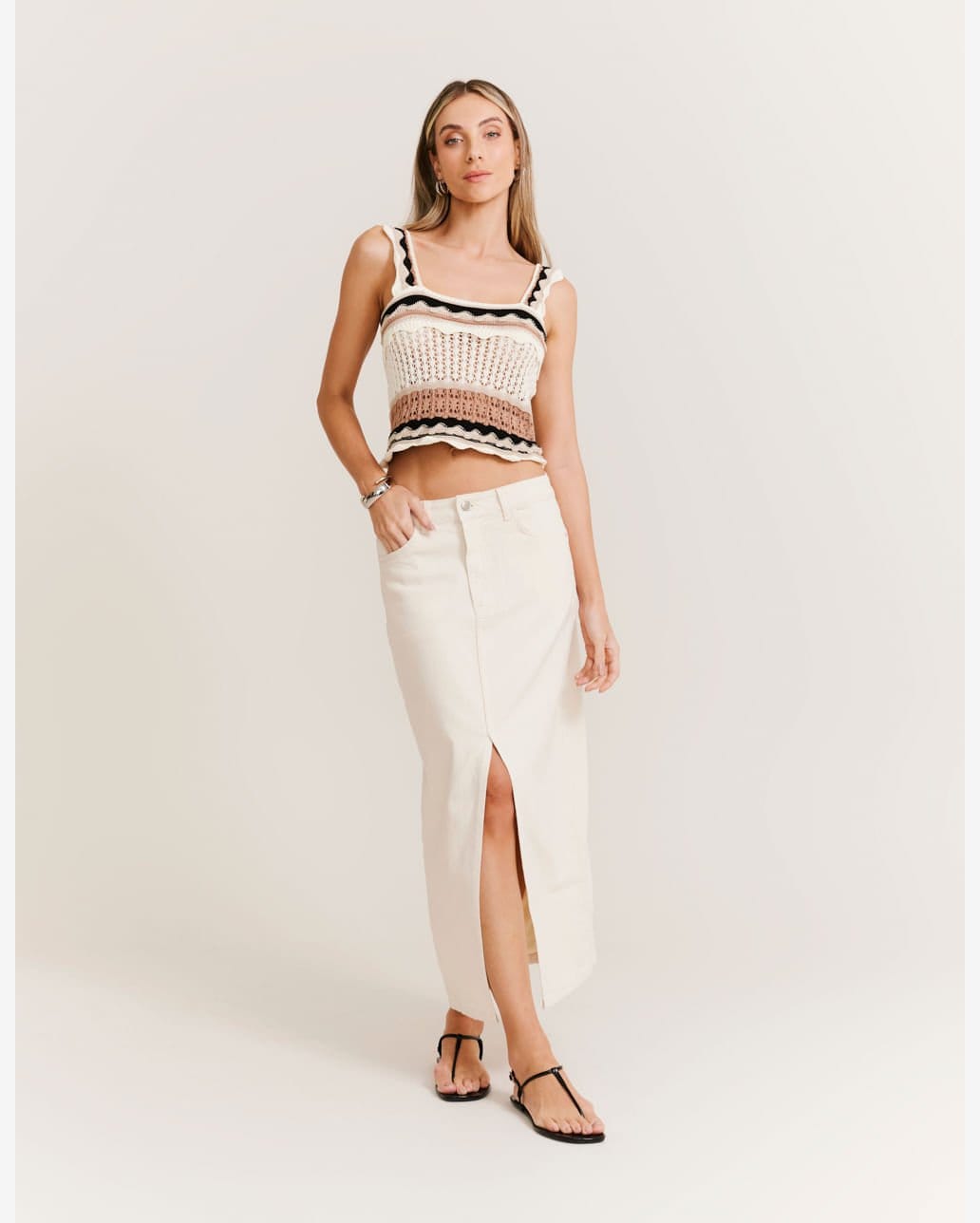 Riachuelo | Saia Sarja Reta Fenda Frontal - Off White